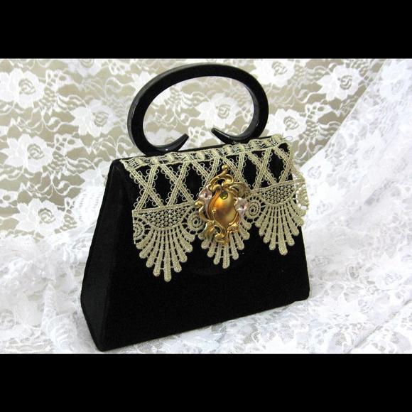 Bags | Vintage Embellished Top Handle Party Purse Black Satin Decorated ...